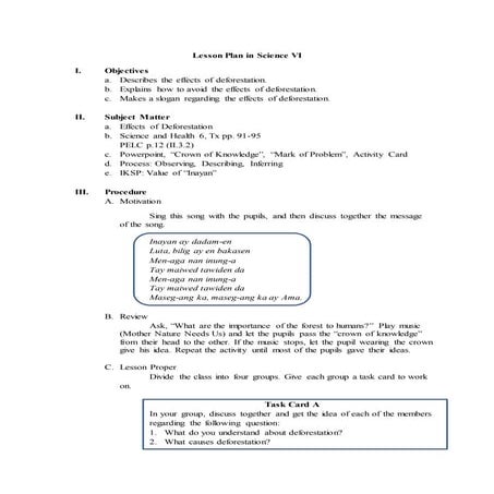 Lesson plan in science vi deforestation | DOCX