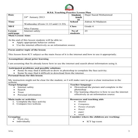 Lesson plan internet safty | DOC | Internet Safety | Parenting