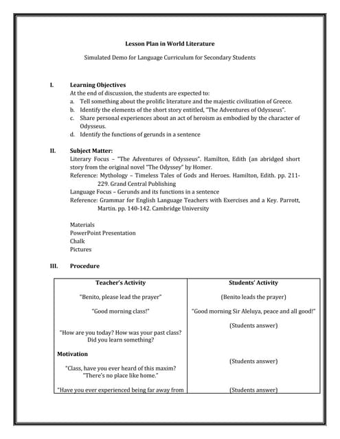 Detailed: Lesson plan in literature for grade 7 students | DOCX