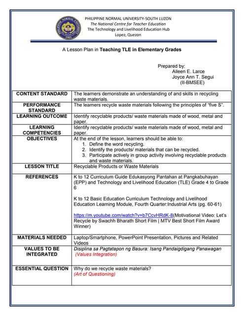 Lesson Plan TLE 6 Home Economics | DOCX