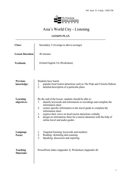 A LESSON PLAN ON LISTENING SKILLS | PDF