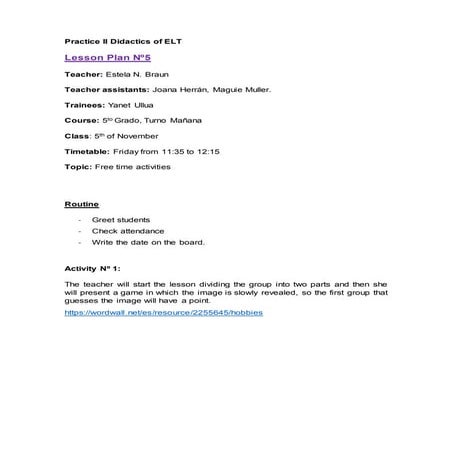 Lesson plan n° 5 - Fifth grade | DOCX | Education