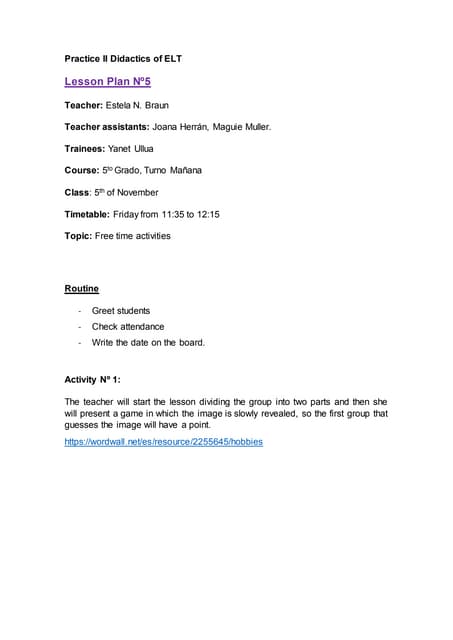 Lesson Plan n° 2 . Fifth grade | PDF