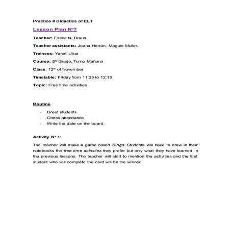 Lesson plan n° 7- Fifth grade | PDF