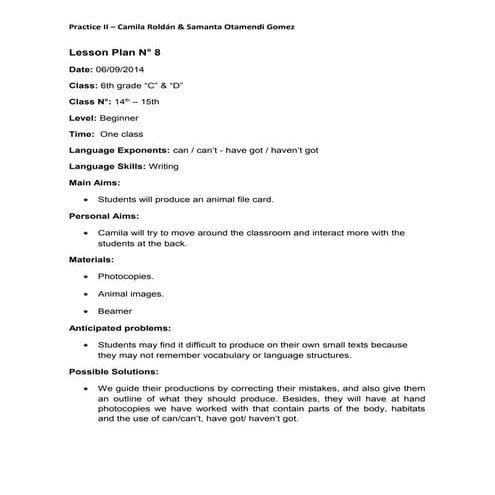 Lesson plan n° 8 roldán, otamendi gomez | DOC