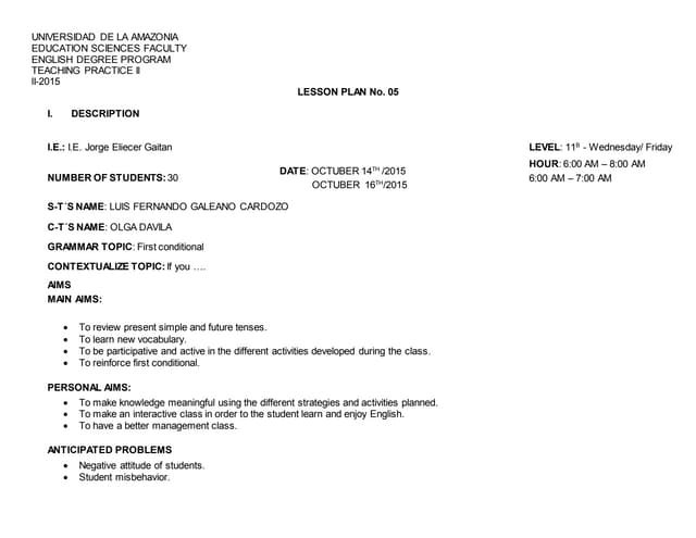 First conditional lesson plan for secondary level students | DOC