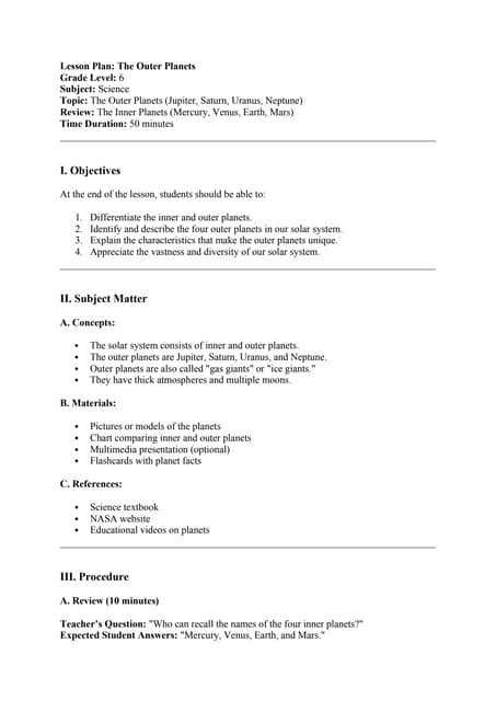 THE GRADE- 6 COT- SOLAR SYSTEM LESSON PLAN | DOCX