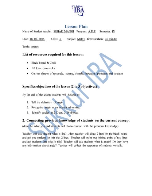 Lesson plan in geometry (relationships of angles) | DOCX