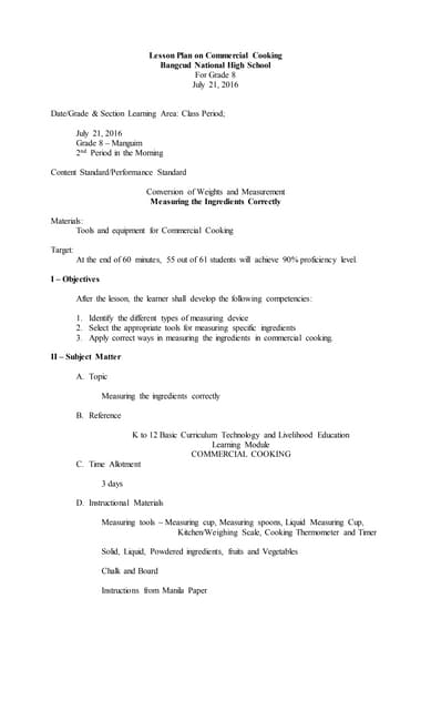 DETAILED LESSON PLAN IN COOKERY 9 | PDF
