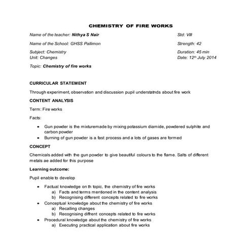 Lesson plan on fire works! | DOCX | Chemistry | Science