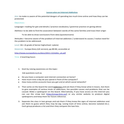 Lesson plan on internet addiction | DOCX