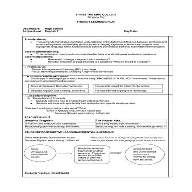 Lesson plan on sentence and sentence fragments | DOCX