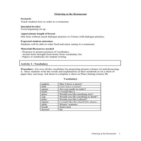 Lesson Plan Ordering At The Restaurant | DOC