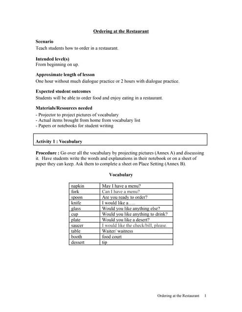 ordering food in a restaurant modal verbs 'would like' & 'can' | PDF