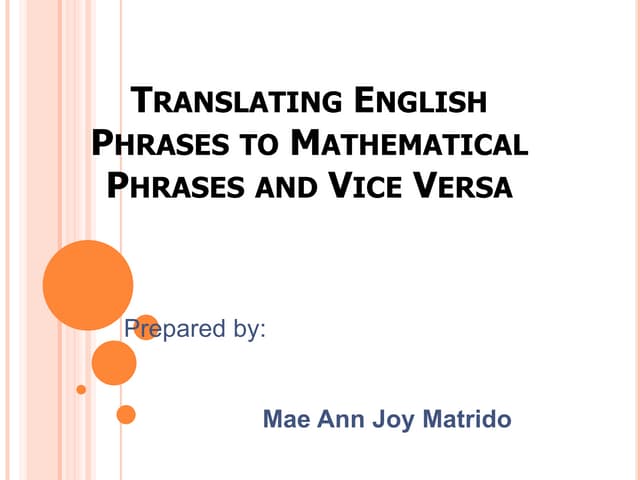 Translating Verbal Phrases to Algebraic Expression | PPTX