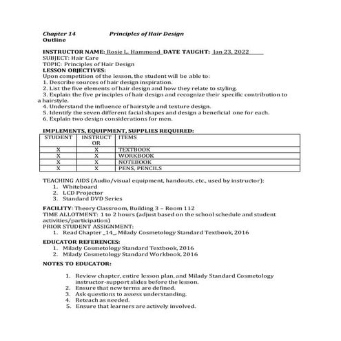Lesson plan principles of hair design | DOCX