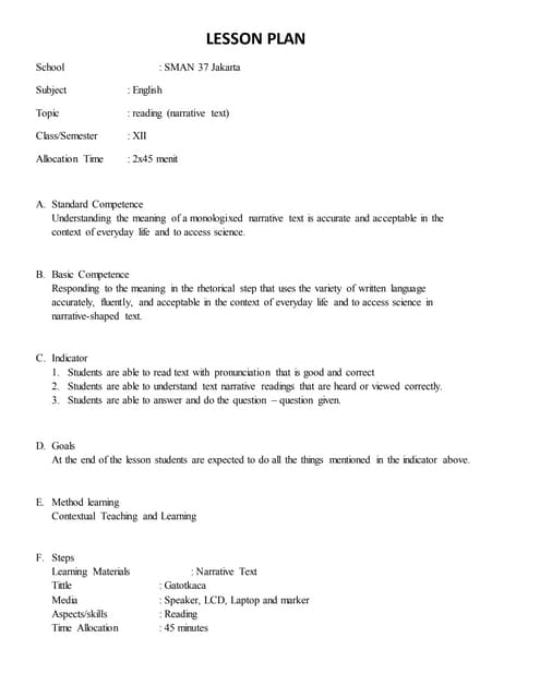 Tugas lesson plan reading narative teks | PDF
