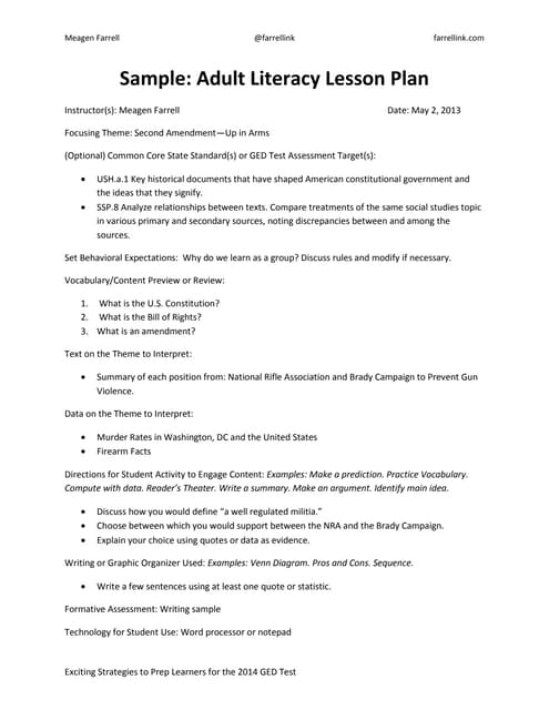 Adult Literacy Lesson Plan Sample & Template | PDF