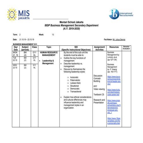 Lesson Plans for Business Management HL SL | PPT