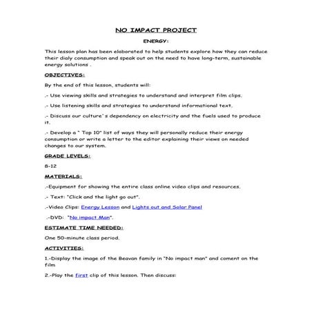 Lesson plan about "no impact project". Subject: Science. Spanish team ...