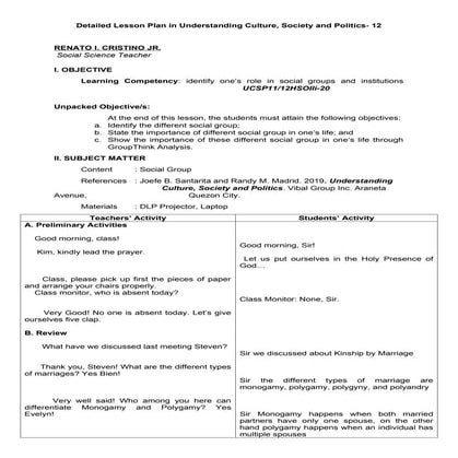 Lesson Plan in understanding culture society and politics | DOCX