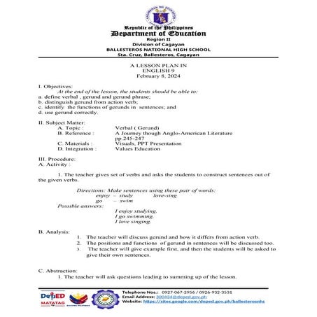 Semi-Detailed Lesson Plan - Gerunds (Junior High School - English 9) | DOCX