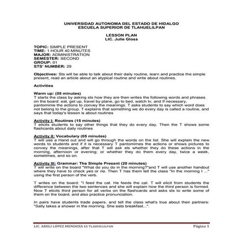 Lesson plan simple present areli | DOCX