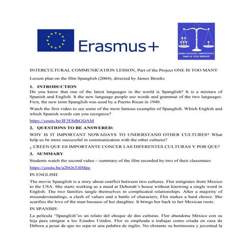 Intercultural Communication Lesson Plan Film Spanglish | PDF