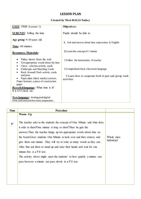 Telling time lesson plan | PPT