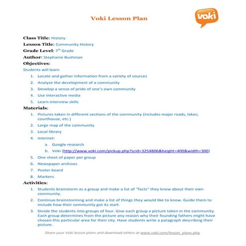 Lesson plan voki community history (7th grade social studies - history ...