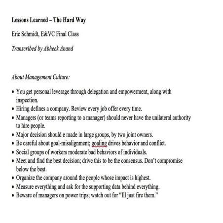 Lessons learned the hard way by Eric Schmidt - Class Notes | PPT