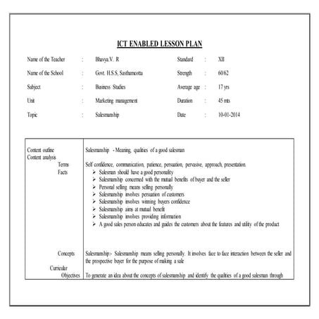 ICT ENABLED LESSON PLAN - Salesmanship | DOCX