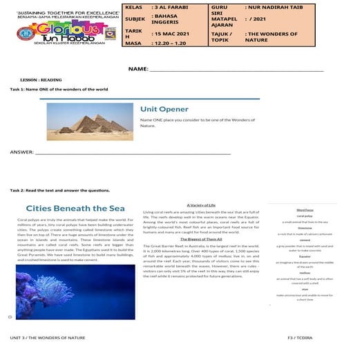 Lesson unit 3 - wonder of nature close up | DOCX