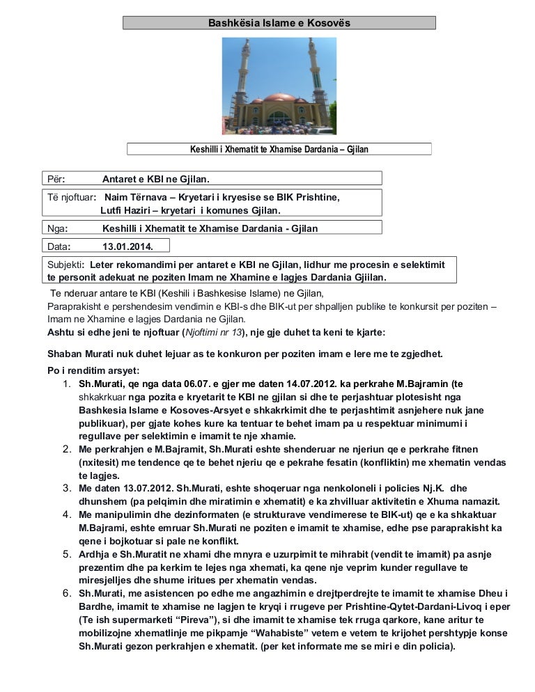 Leter rekomandimi per antaret e KBI Gjilan