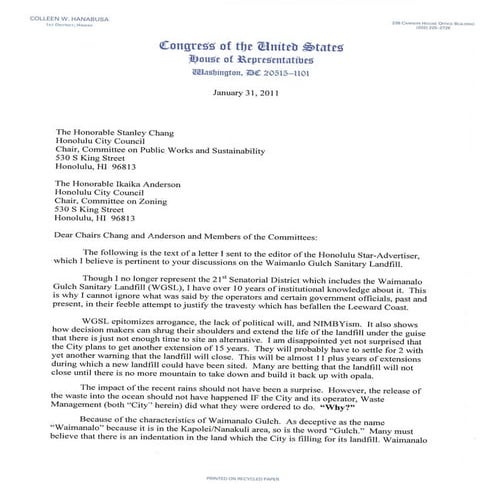 Hanabusa Letter to City Council | PDF