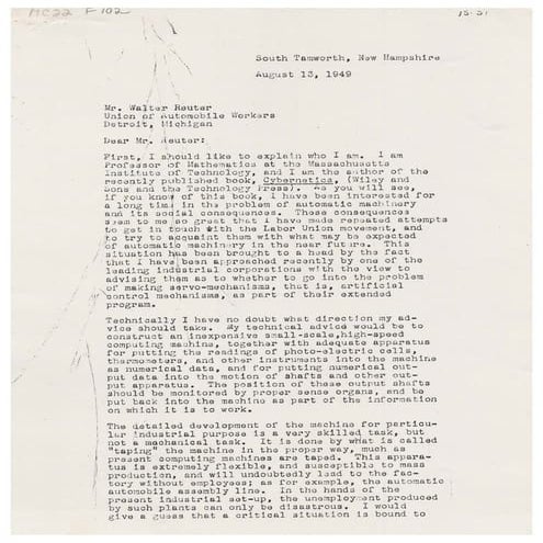 Letter from Norbert Wiener to Walter Reuther, August 13, 1949 | PDF