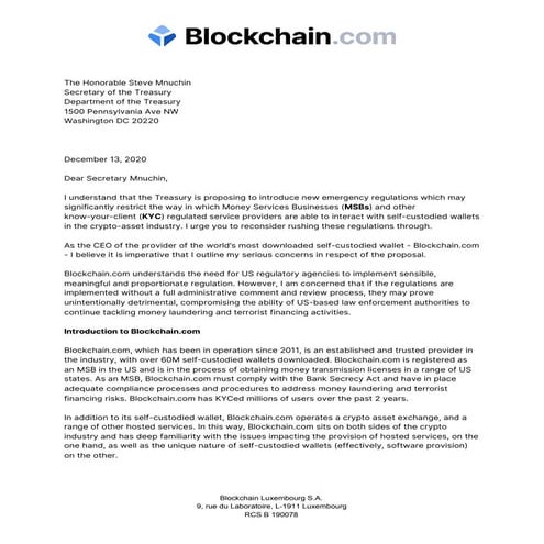 Letter to Hon. Steve Mnuchin from Blockchain.com