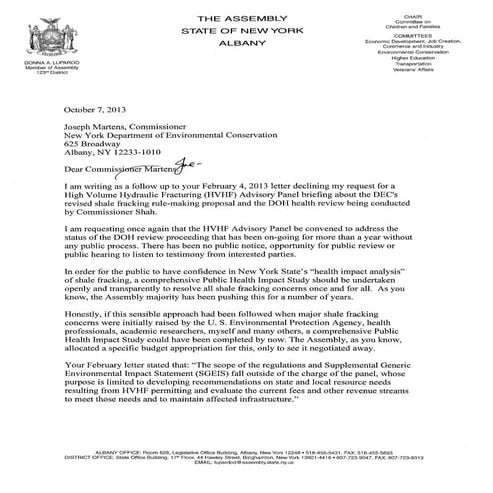 Assemblywoman Donna Lupardo Letter to DEC Commissioner Joe Martens, Oct ...