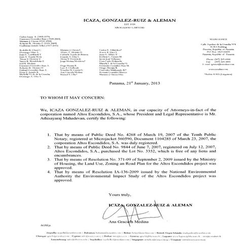 ALTOS ESCONDIDOS PANAMA RAJ MAHADEVAN PANAMA CERTIFICATION LETTER | PDF