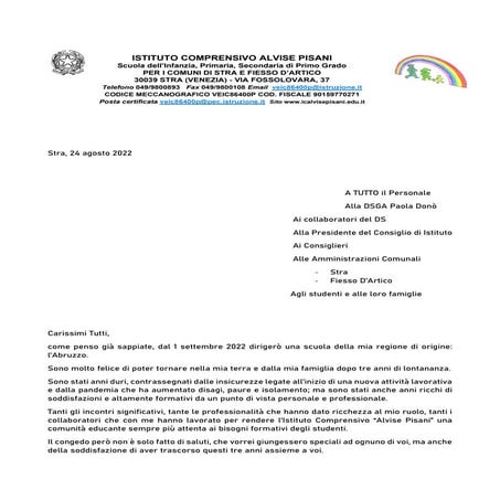 Lettera di saluti della Dirigente Scolastica Maura Massari | PDF