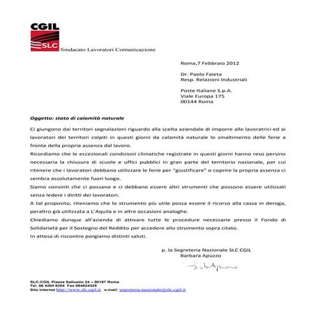 Lettera dott faieta stato di calamità naturale | PDF