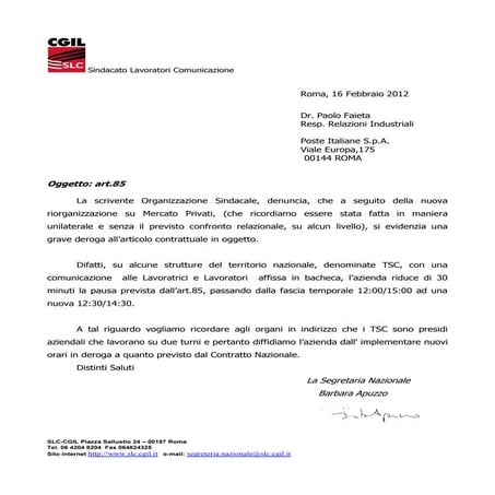 Lettera dott faieta art 85 | PDF