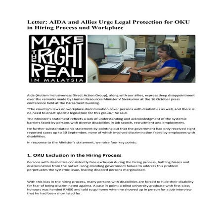 Letter AIDA and Allies Urge Legal Protection for OKU in Hiring Process ...