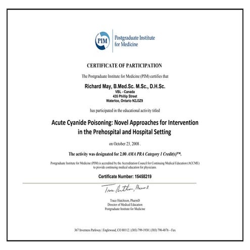 Letter And Certificate Of Completion Acute Cyanide Poisoning Novel ...