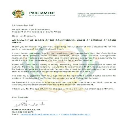 Letter appointment of judges of constitutional court rsa | PDF