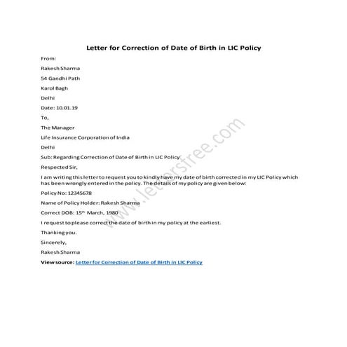 Letter for correction of date of birth in lic policy | DOCX
