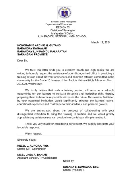 Letter for the Barangay captain to request a gasoline gasoline.docx | Education