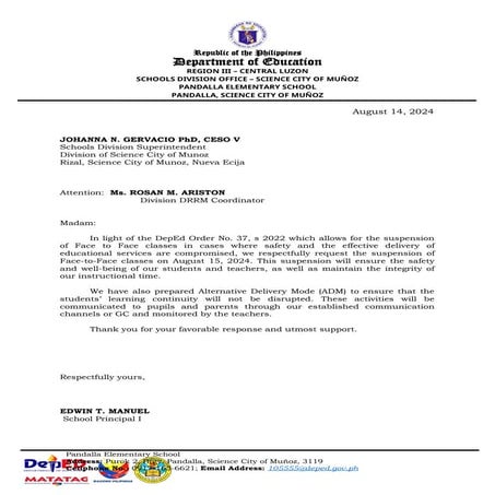 Letter for Suspension of Classes for Power Interruption.docx