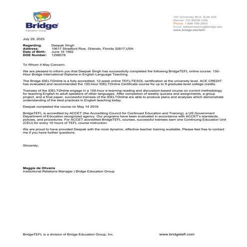 Letter from Bridge Education Group to Florida Department of Education ...