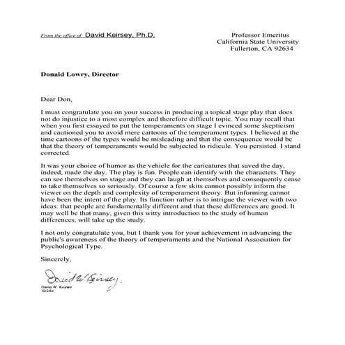 True Colors validated by David Keirsey in letter to Don Lowry | DOC ...